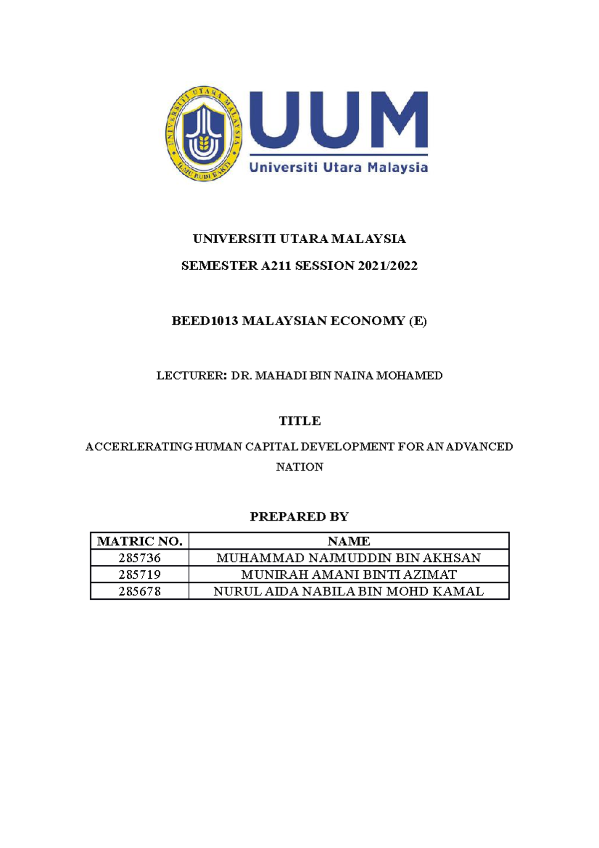 Grouping Assignment Malay Eco Universiti Utara Malaysia Semester A211