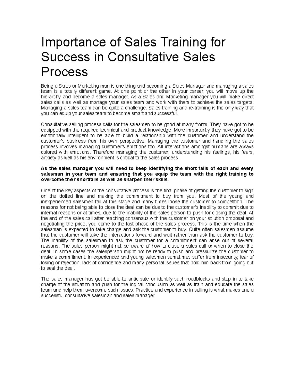 Consultative Selling Importance of Sales Training - Importance of Sales ...