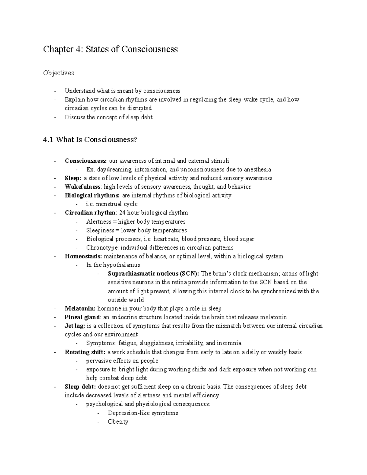 Chapter 4 Notes - Chapter 4: States of Consciousness Objectives ...