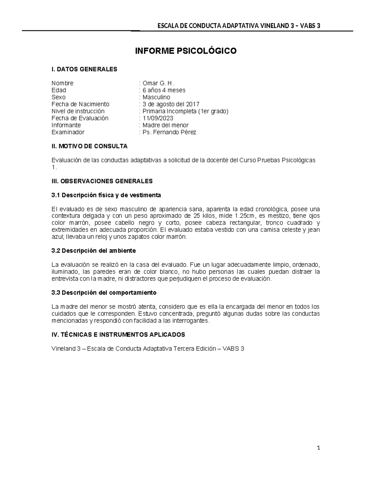 Modelo Informe Psicològico Vineland 3 - VABS 3 - ESCALA DE CONDUCTA ...