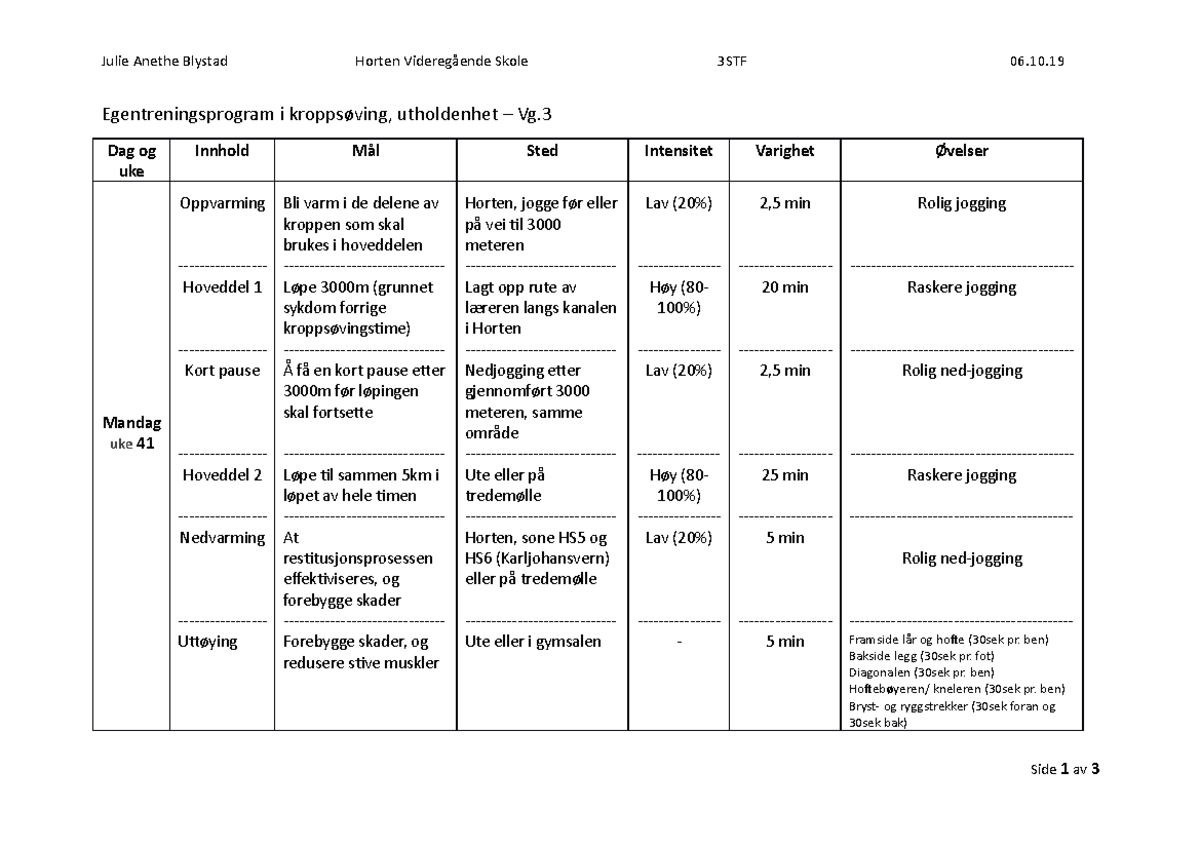 Egentreningsskjema - Utholdenhet - Julie Anethe Blystad Horten ...