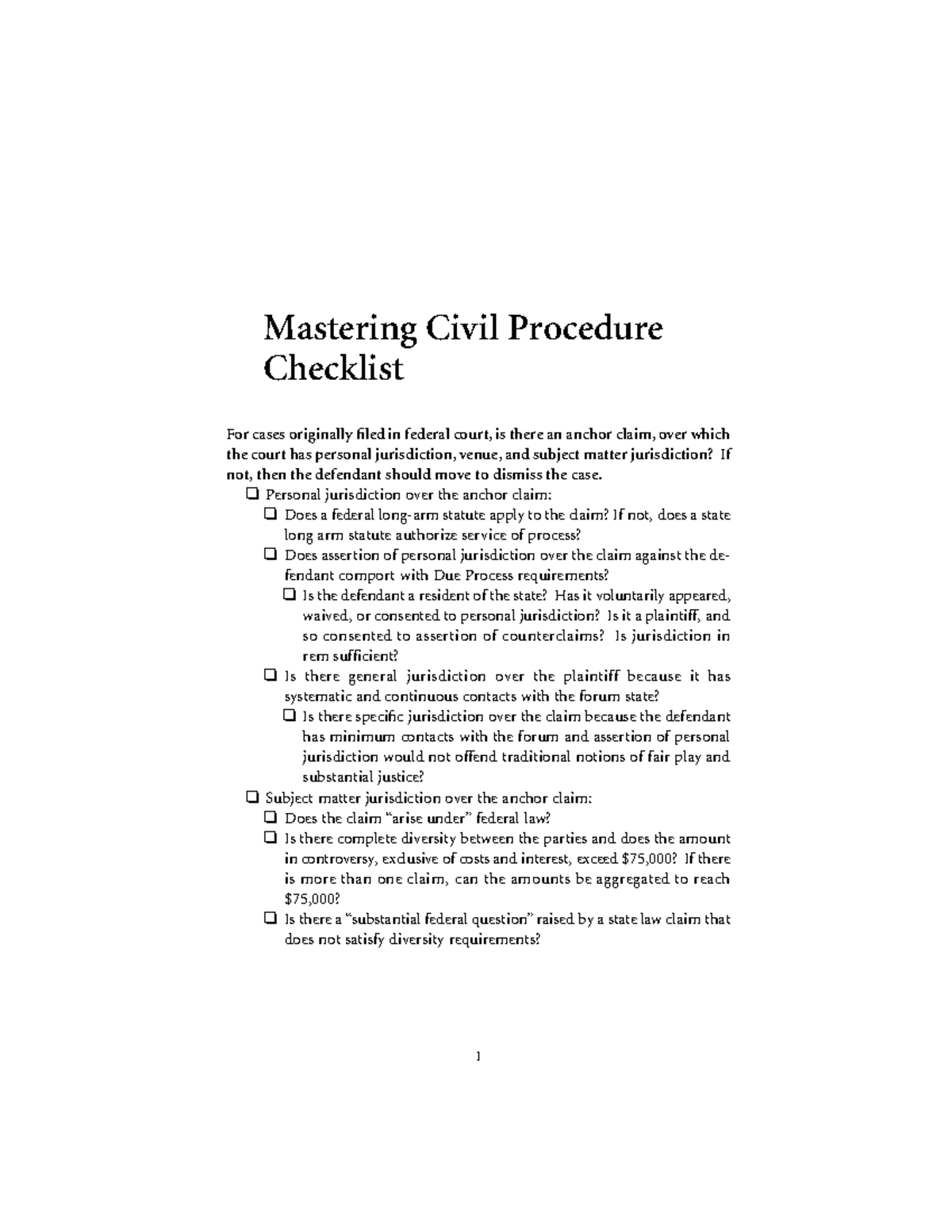Civil Procedure Checklist - Mastering Civil Procedure Checklist For cases originally filed in ...