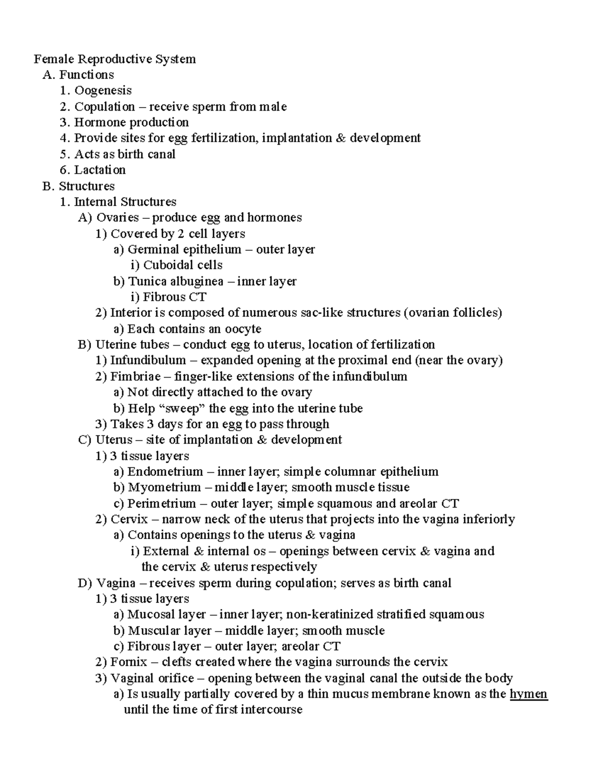 Female Reproductive System Notes - Female Reproductive System A ...
