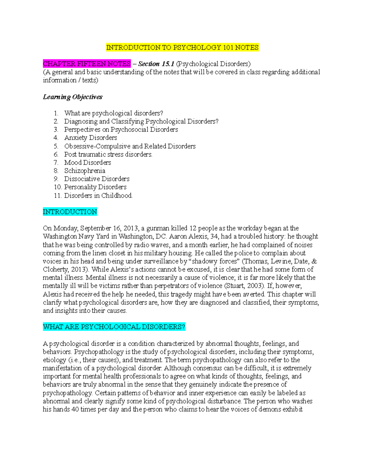 Introduction TO Psychology 101 Notes Chapter Fifteen Part One ...