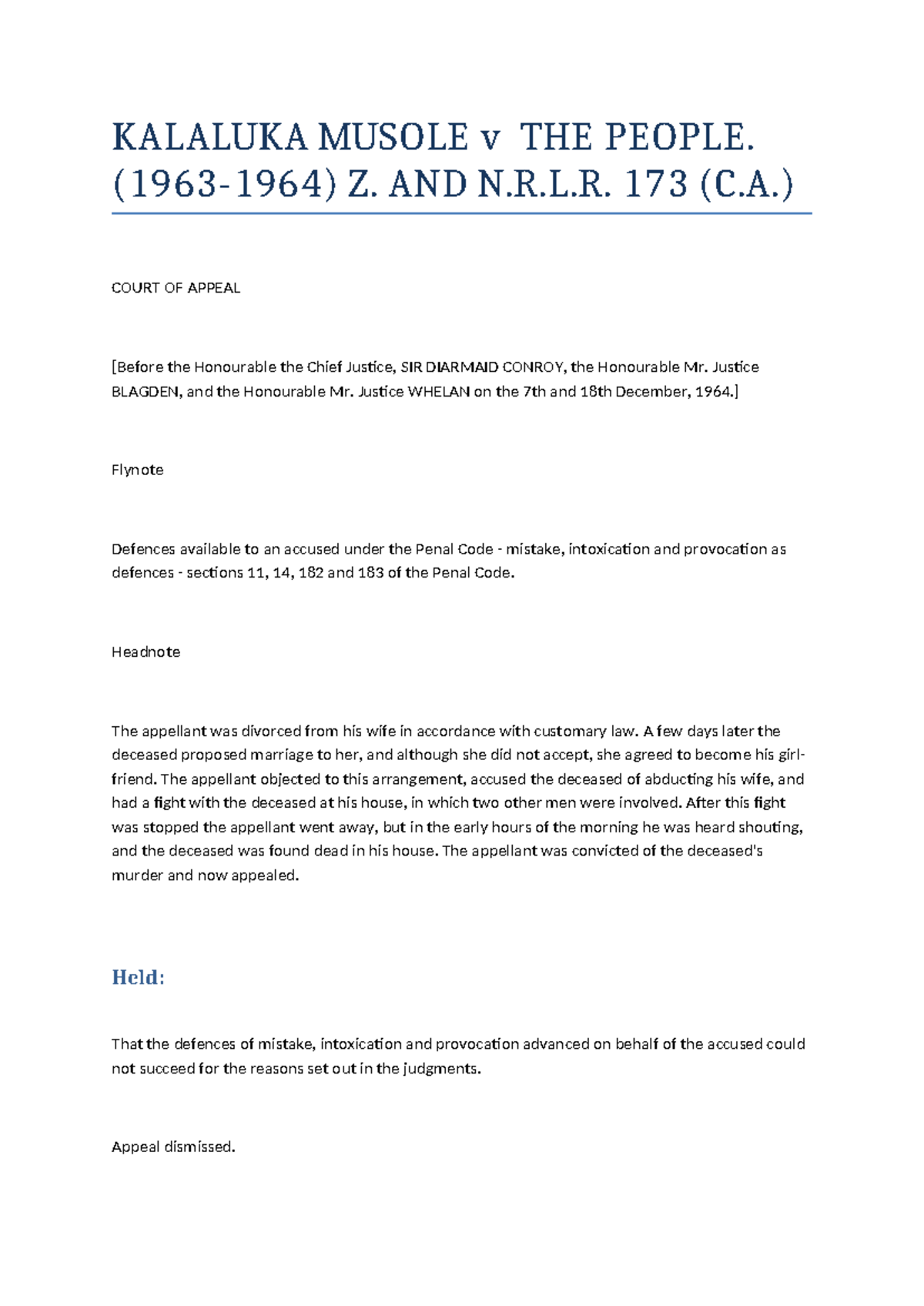 Kalaluka Musole v THE People - KALALUKA MUSOLE v THE PEOPLE. (1963-1964 ...