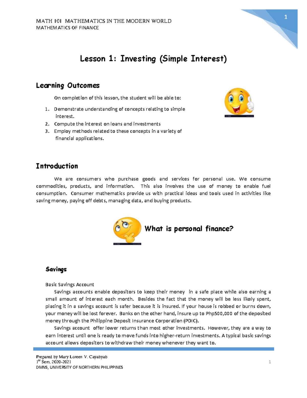 Lesson 1 Investing - Study well - MATH 101 MATHEMATICS IN THE MODERN ...