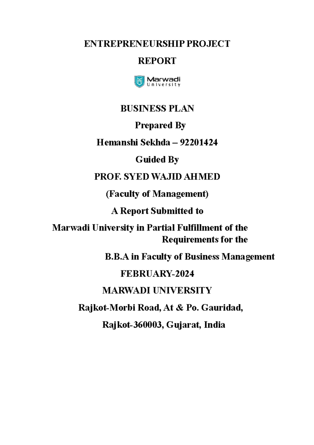 Work Related to job - ENTREPRENEURSHIP PROJECT REPORT BUSINESS PLAN ...