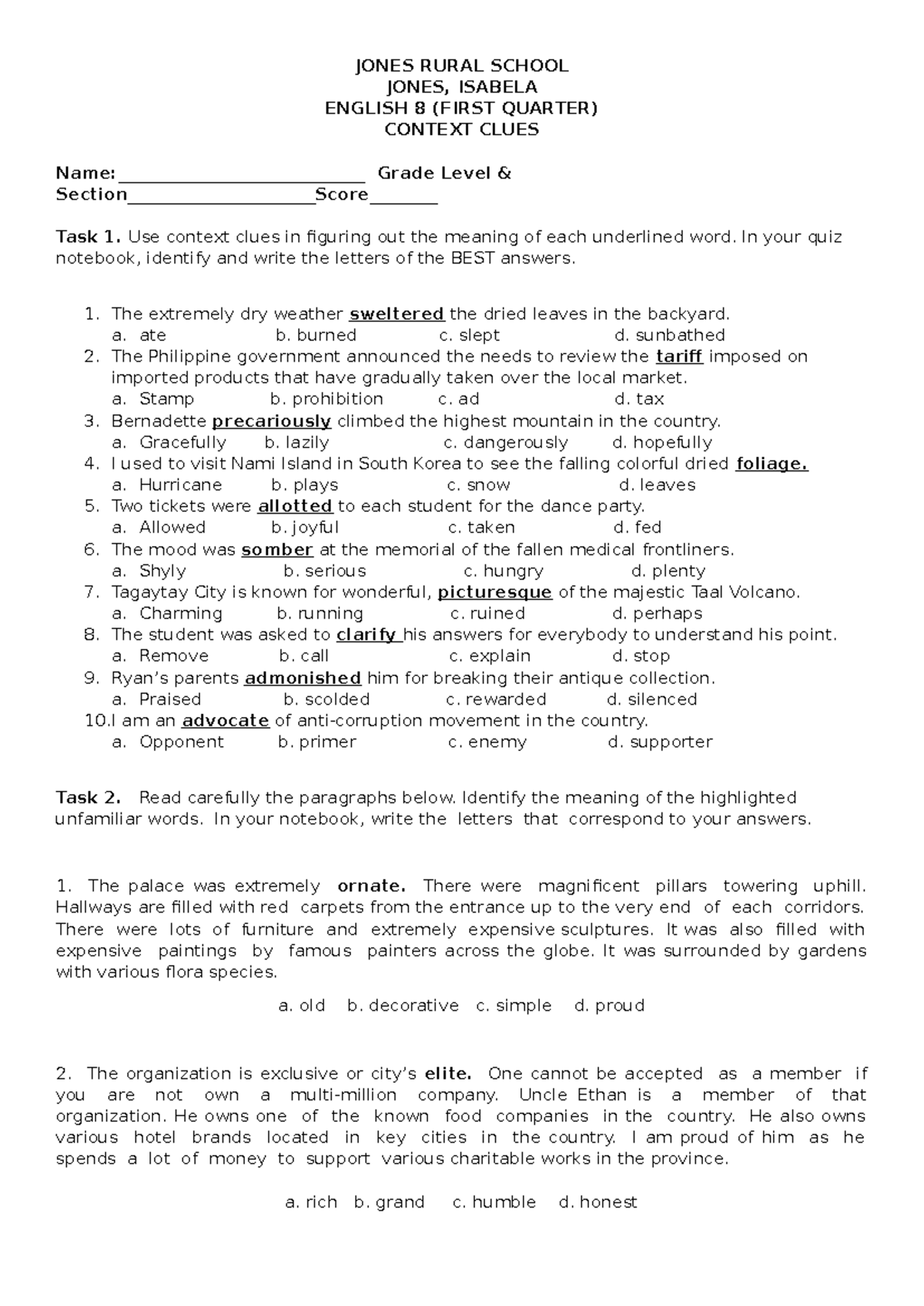 Context Clues - worksheets - JONES RURAL SCHOOL JONES, ISABELA ENGLISH ...