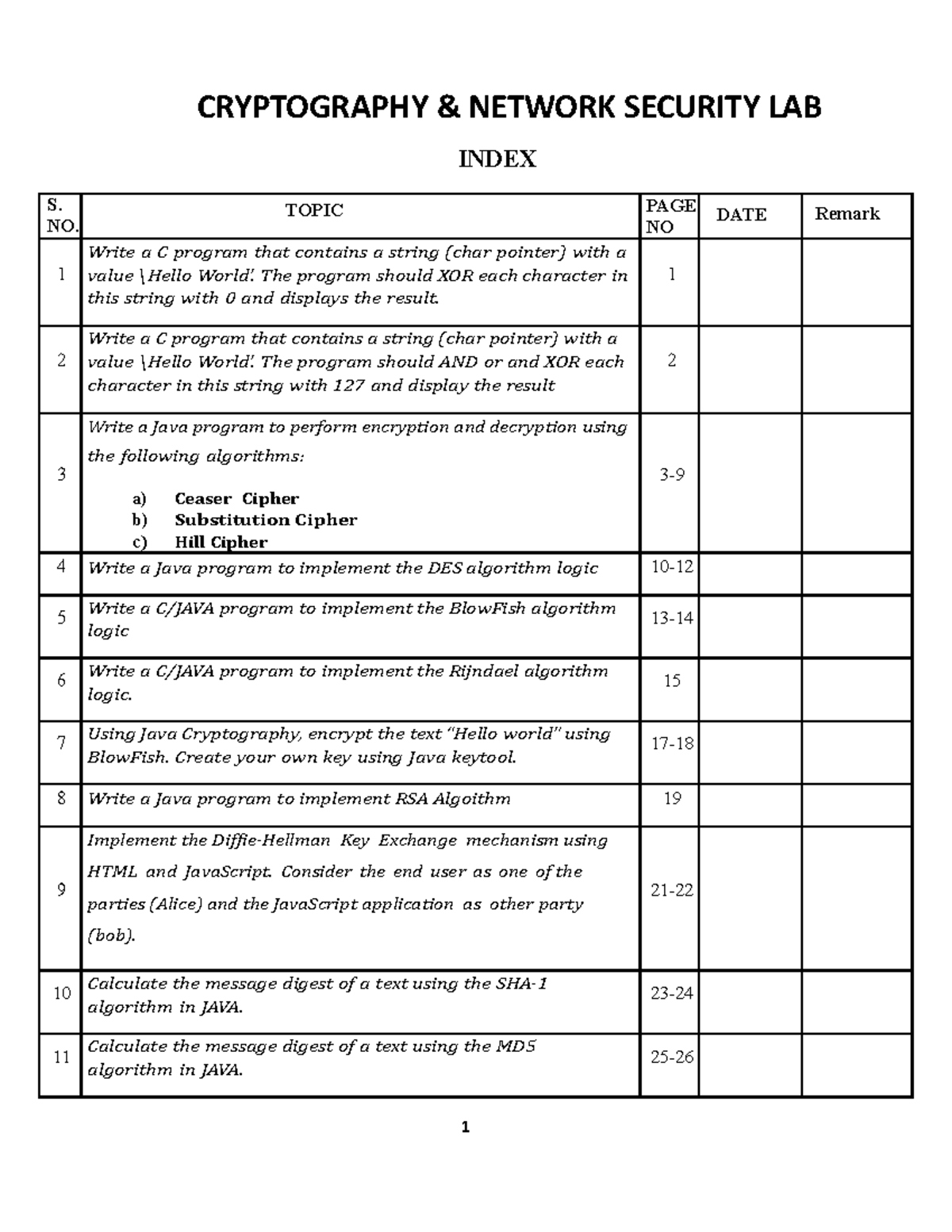 Palak Aggarwal Cns Lab - A lab manual of cns - CRYPTOGRAPHY & NETWORK SECURITY LAB INDEX S. NO ...