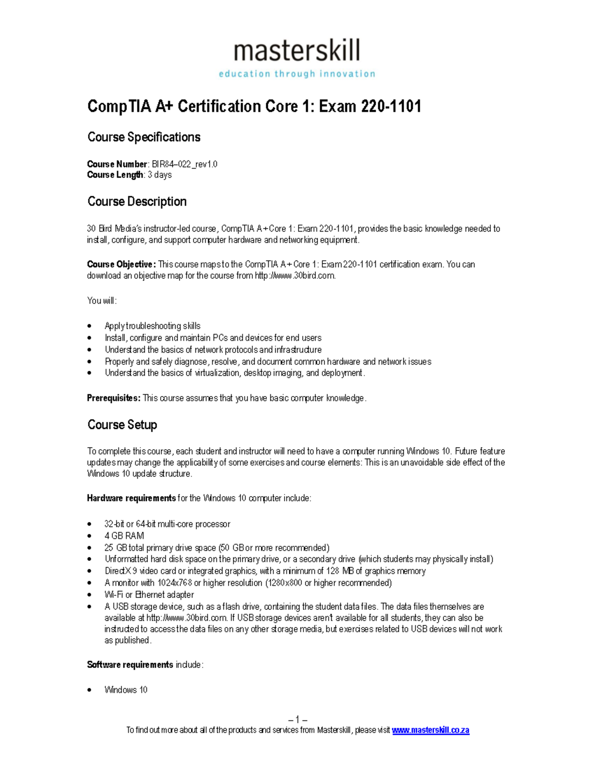 Core 1 - ict1531 - – 1 – CompTIA A+ Certification Core 1: Exam 220 ...