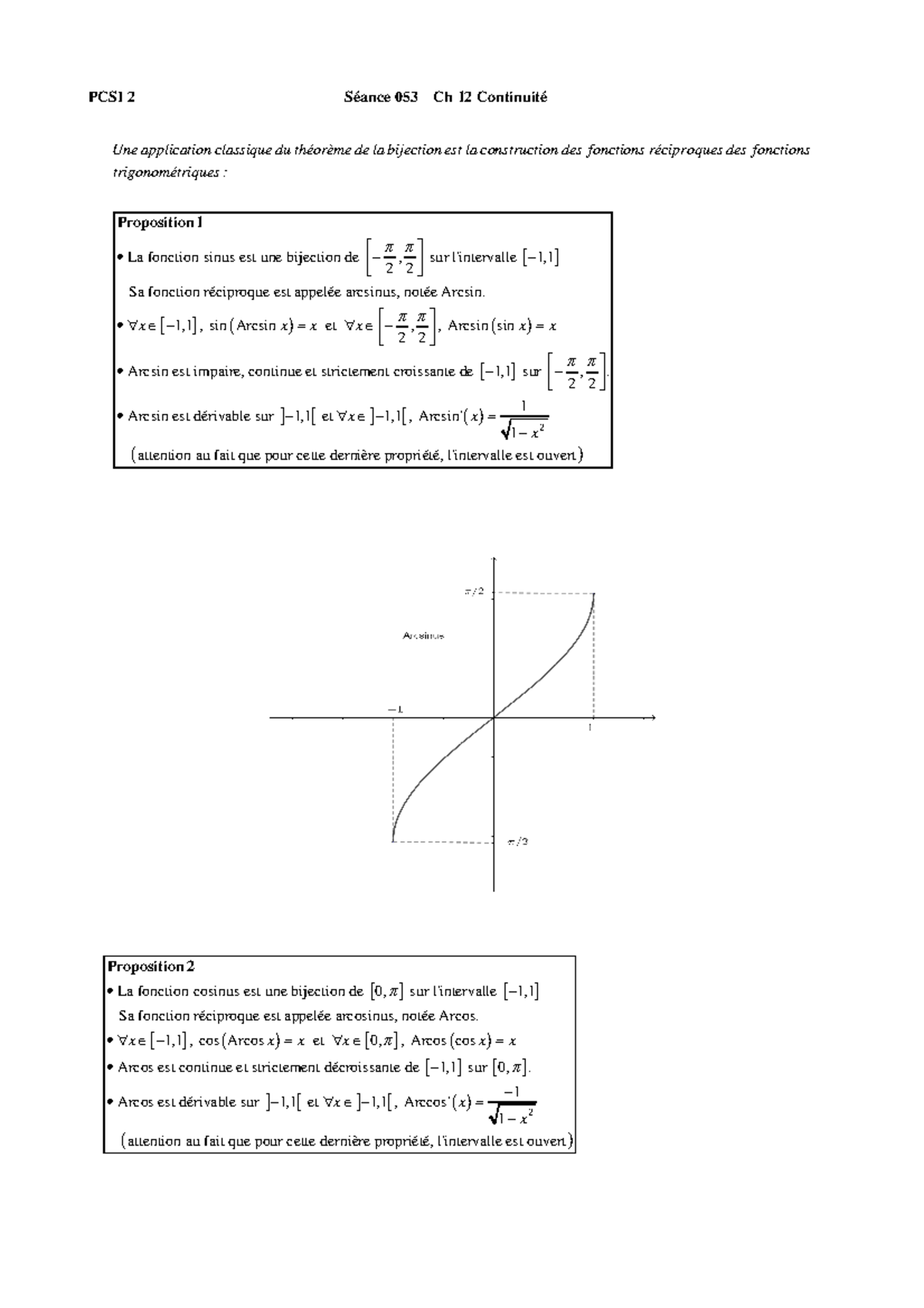 Continuité/Fonctions circulaires réciproques - La fonction sinus est une bijection de , su 2 2 ...