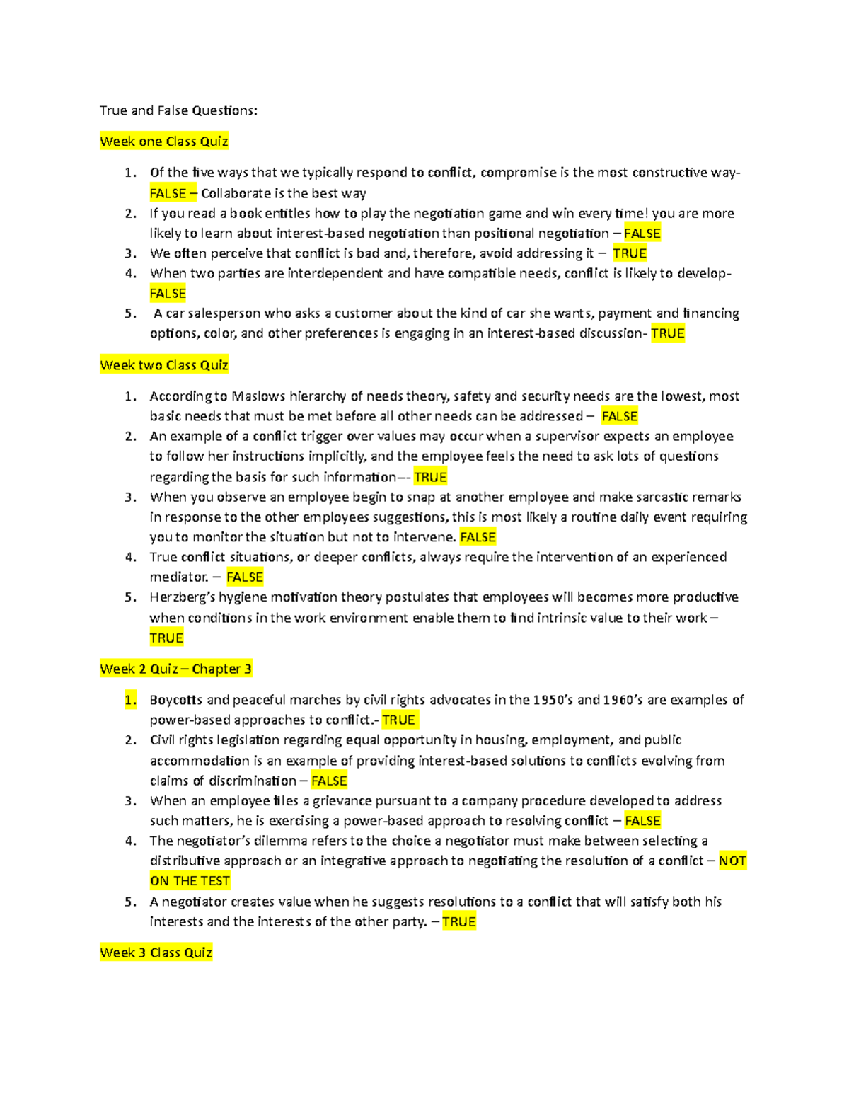 True and False Questions - True and False Questions: Week one Class ...