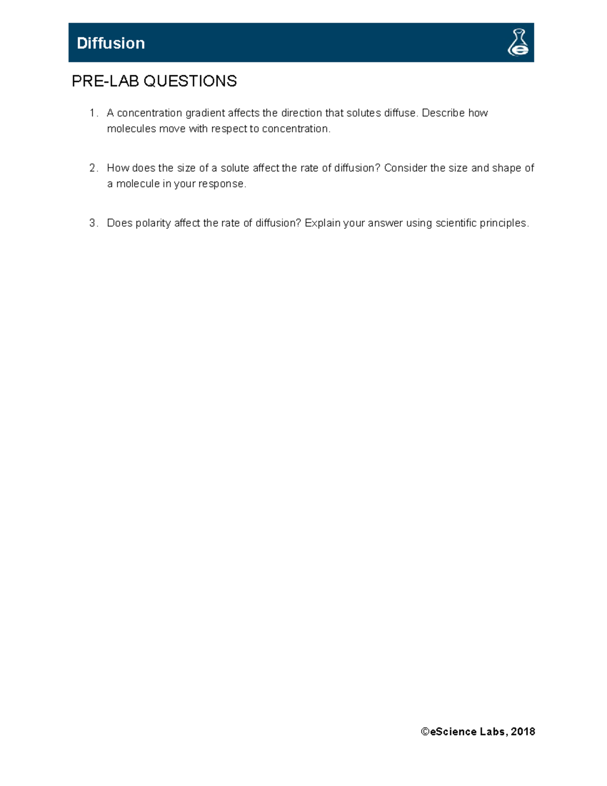 DIFFUSION SAMPLE LAB - PRE-LAB QUESTIONS A concentration gradient ...