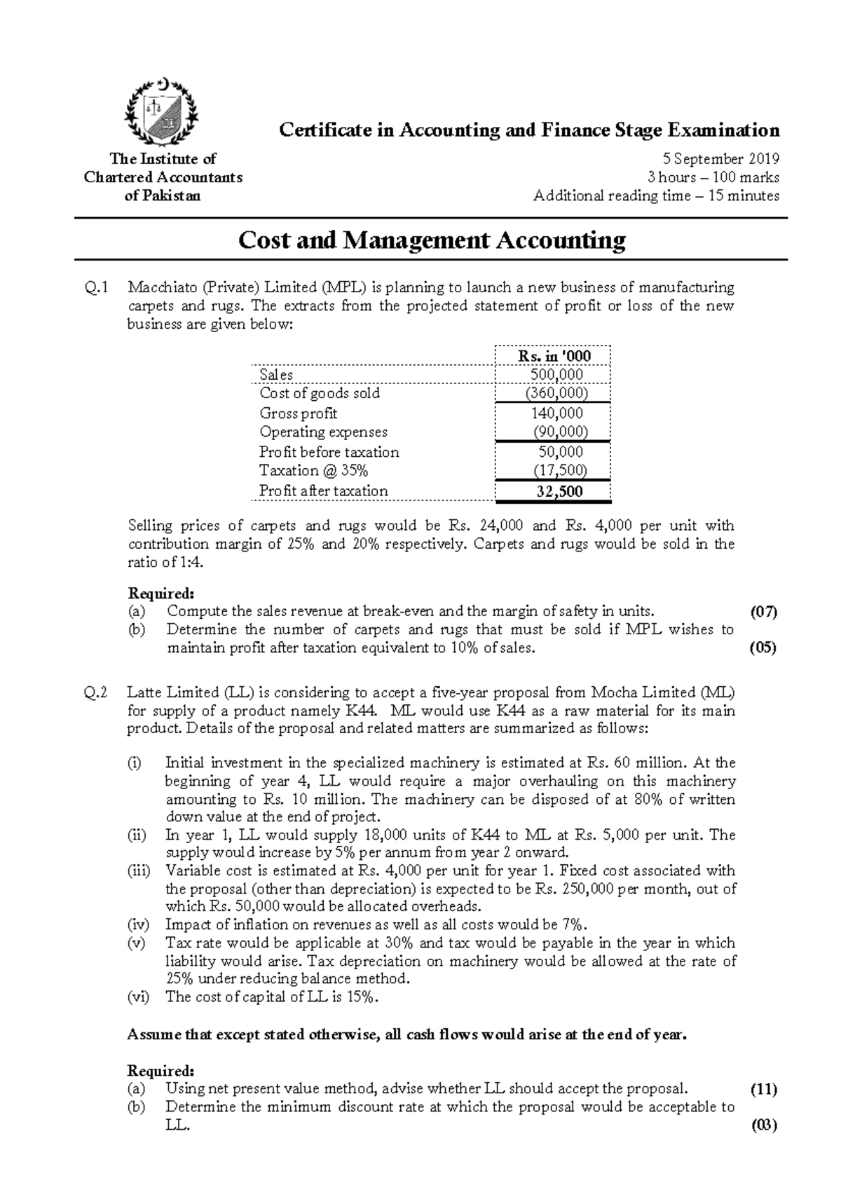 CAF 3 CMA Autumn 2019 - Past - Certificate in Accounting and Finance ...