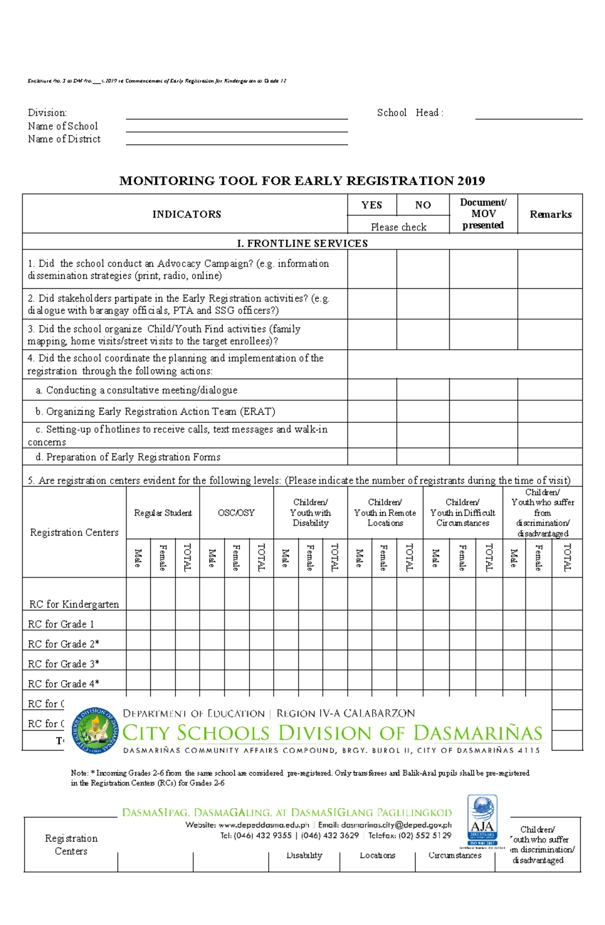 Early Registration Template - Enclosure No. 3 to DM No.___s re ...