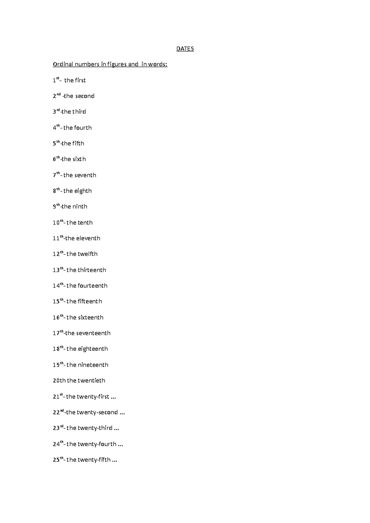 Dates - Apuntes de clase - DATES Ordinal numbers in figures and in ...