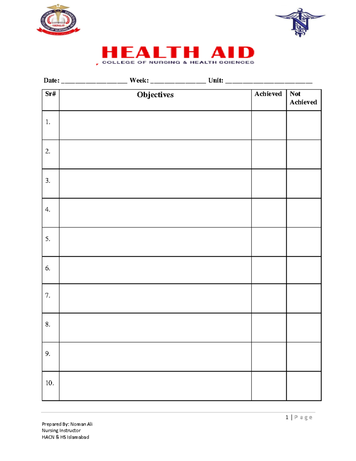 FHP form - 1 | P a g e Prepared By: Noman AliNursing Instructor Date