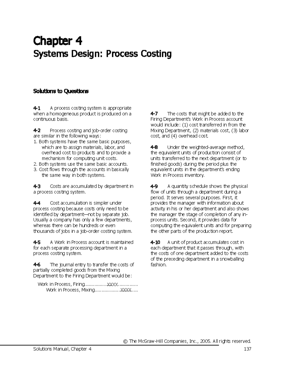Chap004 - thanks - Chapter 4 Systems Design: Process Costing Solutions to Questions 4 - 1 A ...