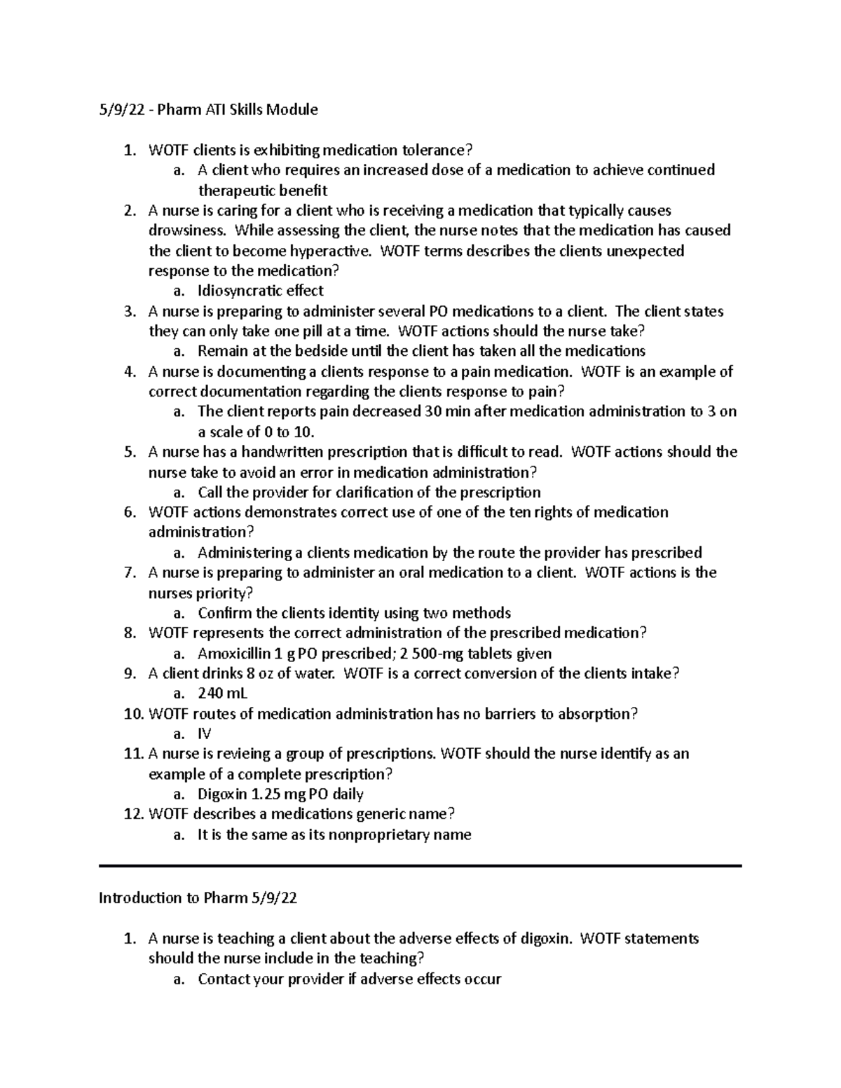 Pharm ATI notes - 5/9/22 - Pharm ATI Skills Module WOTF clients is ...