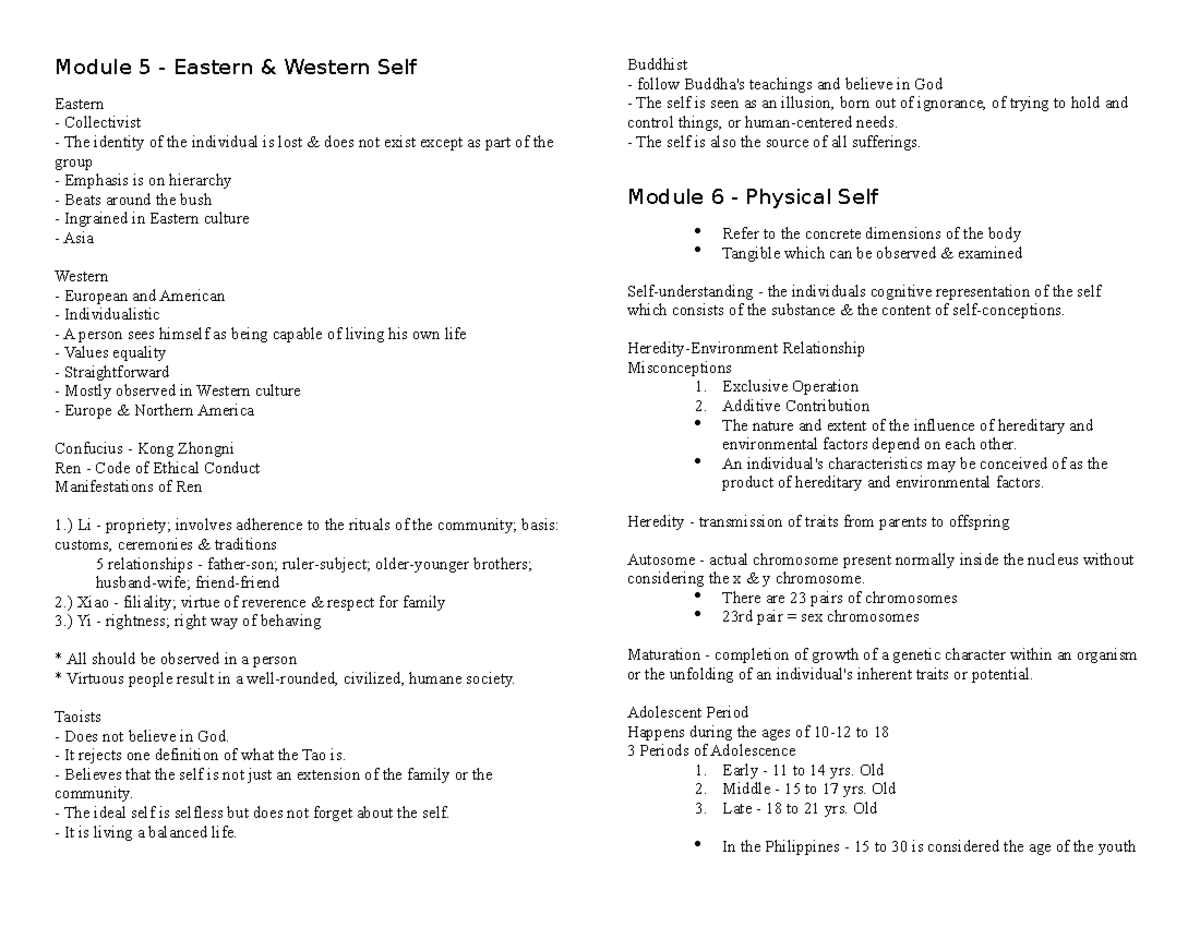 Module 5& 6 UTS - Understanding the Self - Module 5 - Eastern & Western ...