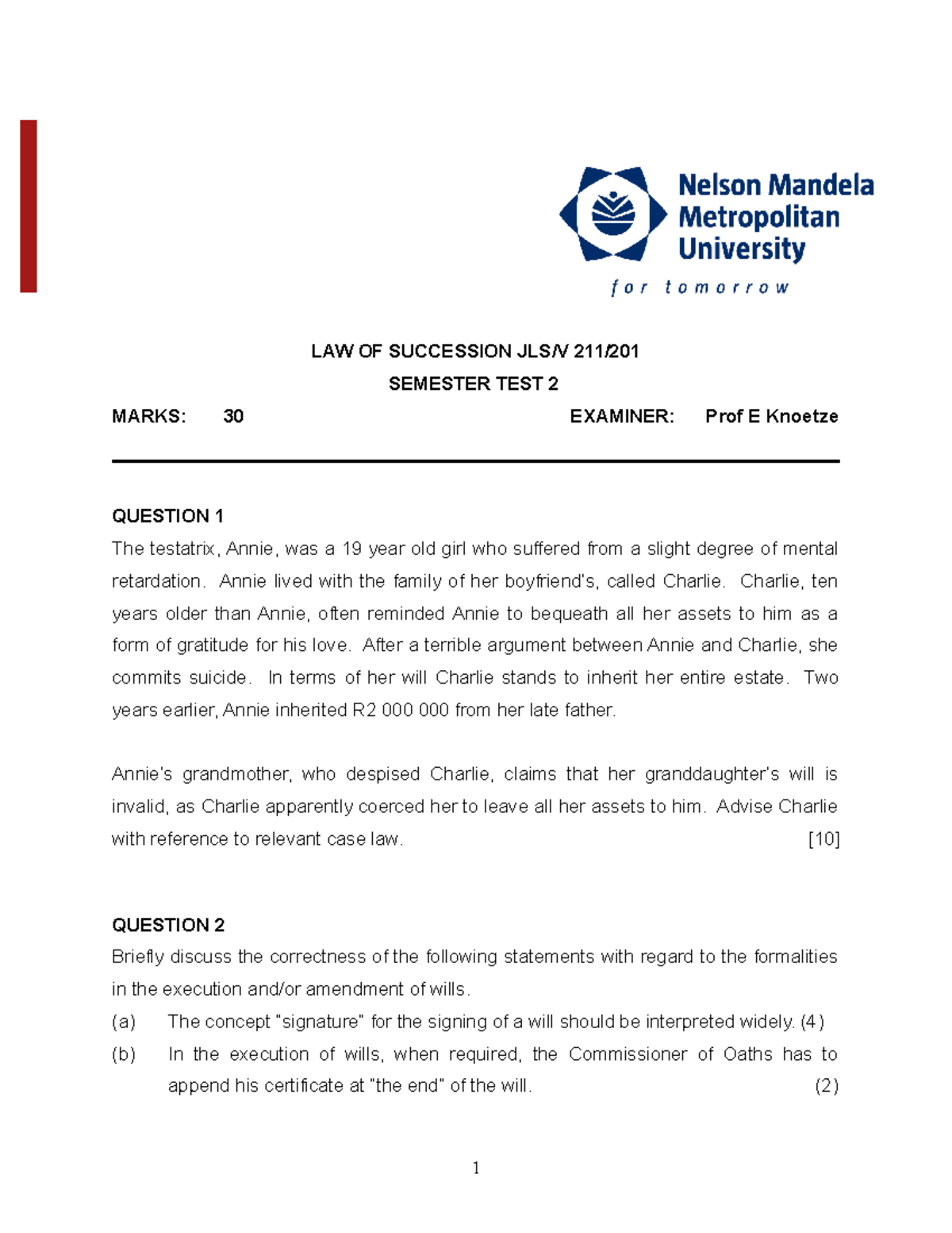 2017 Law of Succession Test . past test paper. - LAW OF SUCCESSION JLS ...