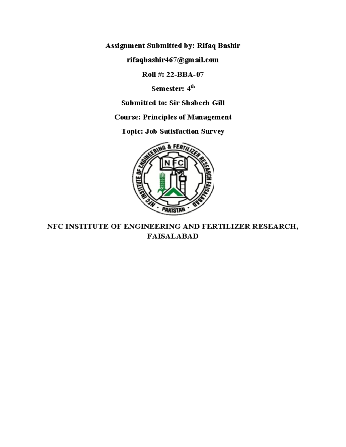 Assignment - 456 - Assignment Submitted by: Rifaq Bashir rifaqbashir467@gmail Roll #: 22-BBA ...