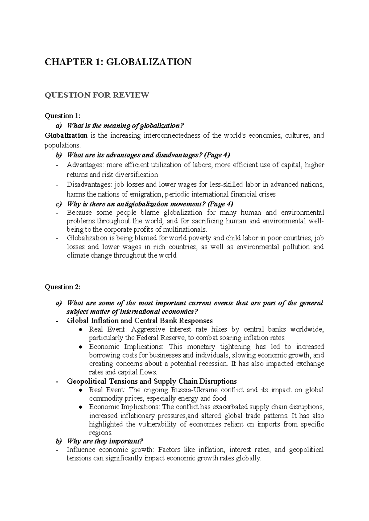 International Economics - HW Review - CHAPTER 1: GLOBALIZATION QUESTION ...