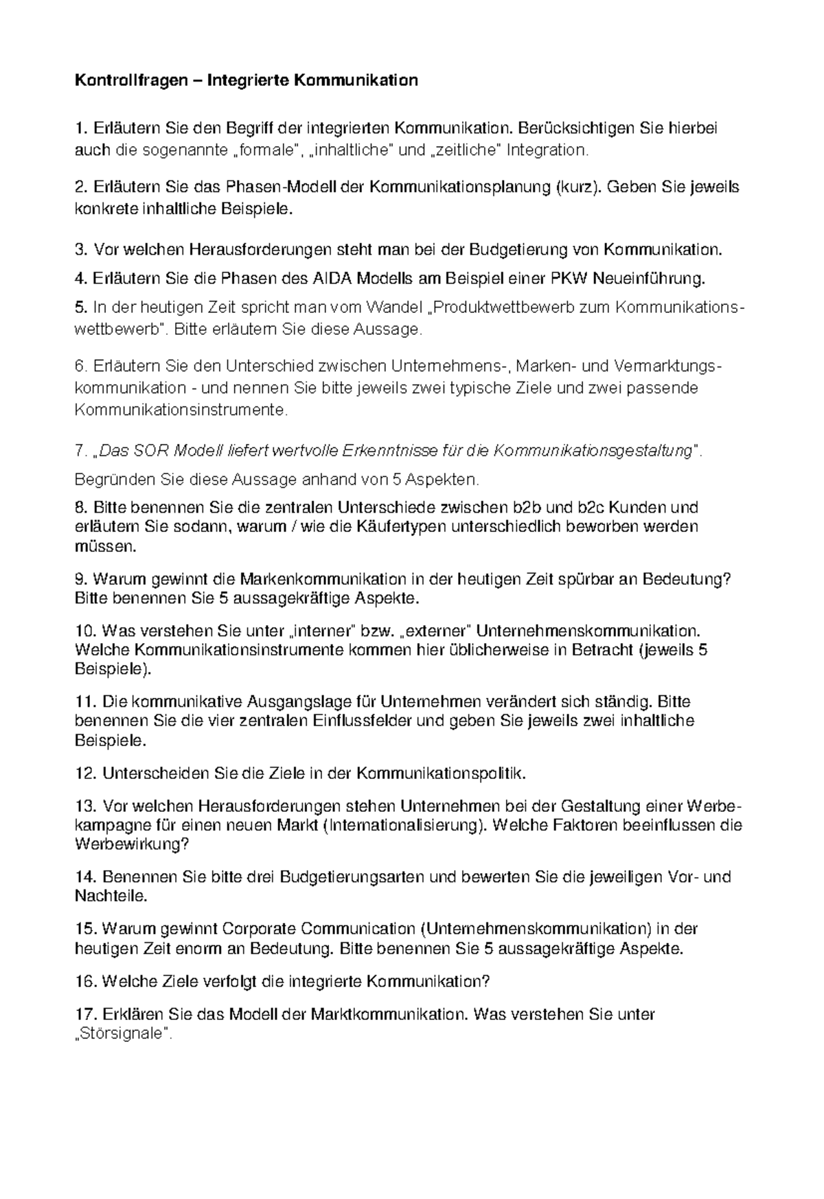 Kontrollfragen - Integrierte Kommunikation, 2018 - Warning: TT: undefined function: 32 - Studocu