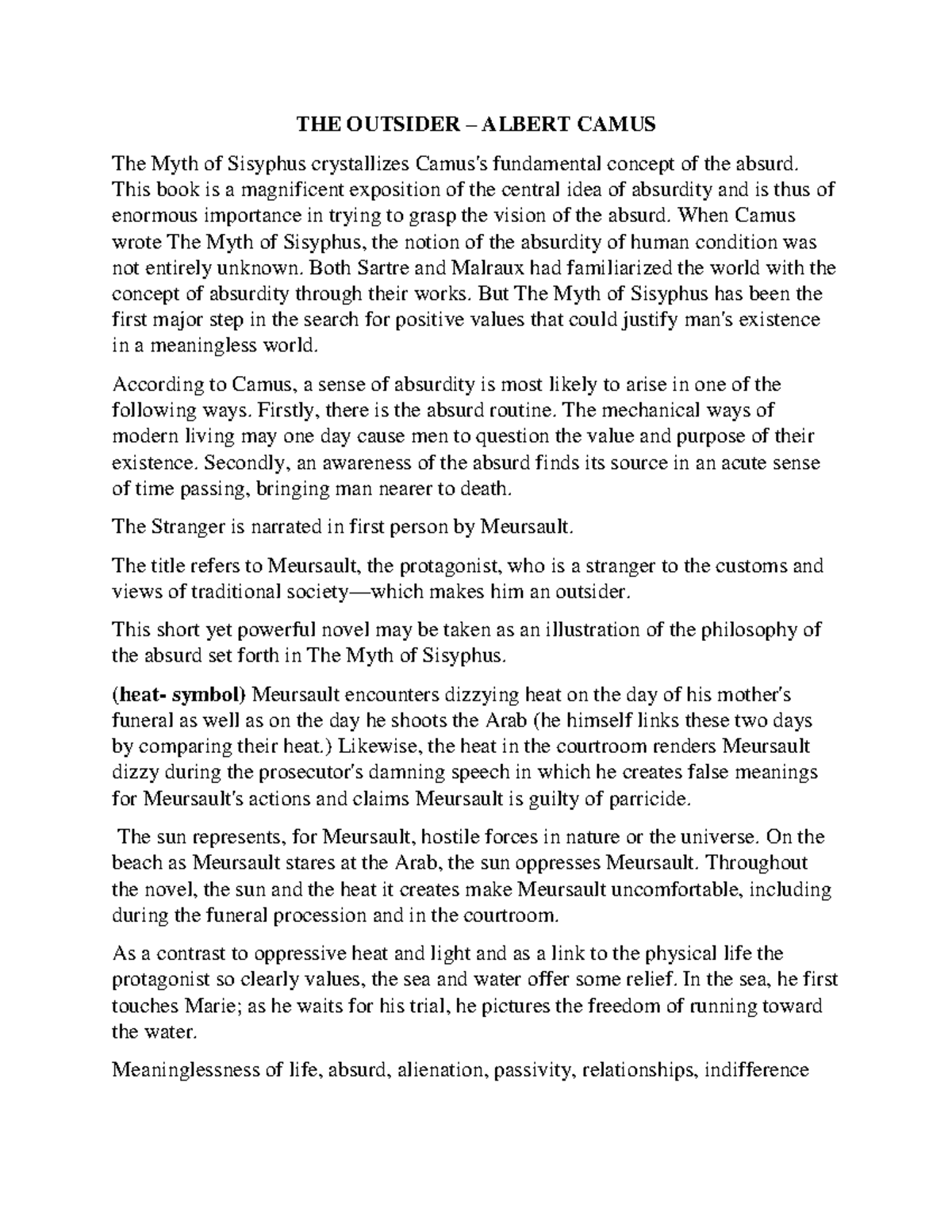The outsider - THE OUTSIDER – ALBERT CAMUS The Myth of Sisyphus ...