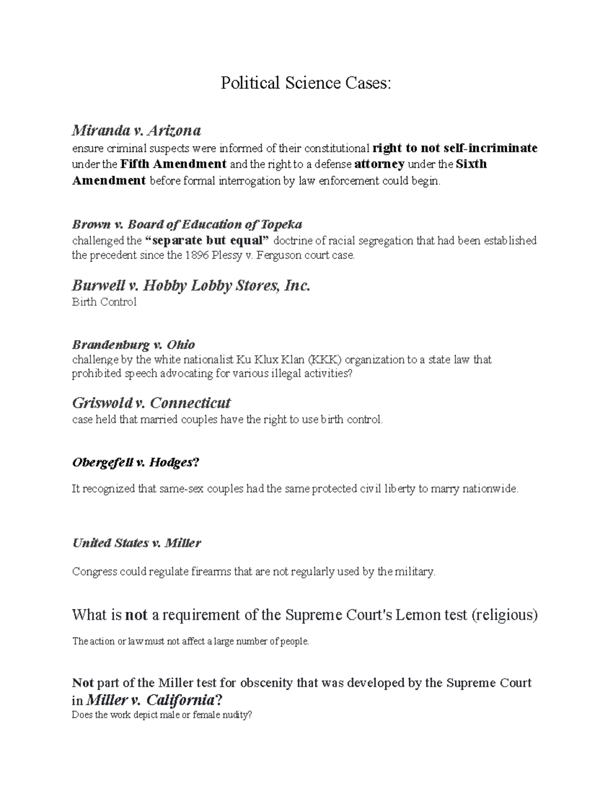 Political Science Cases - Political Science Cases: Miranda v. Arizona ...