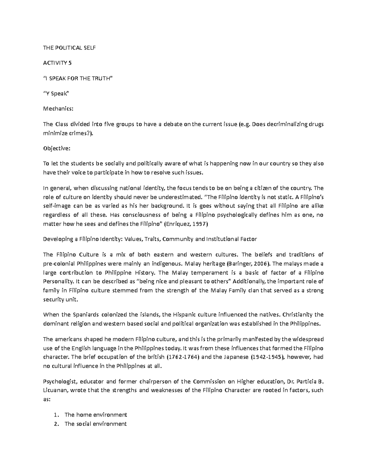 THE Political SELF - THE POLITICAL SELF ACTIVITY 5 “I SPEAK FOR THE ...