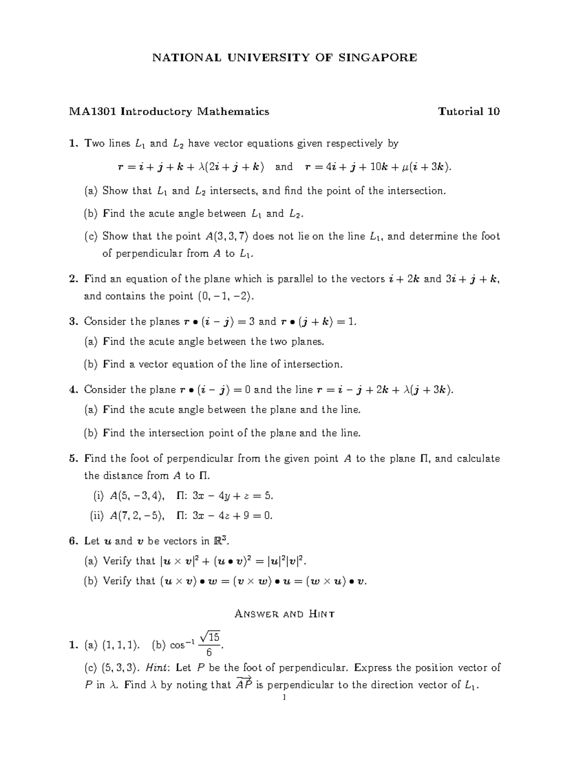 Math Tutorial 10 - NATIONAL UNIVERSITY OF SINGAPORE MA1301 Introductory ...