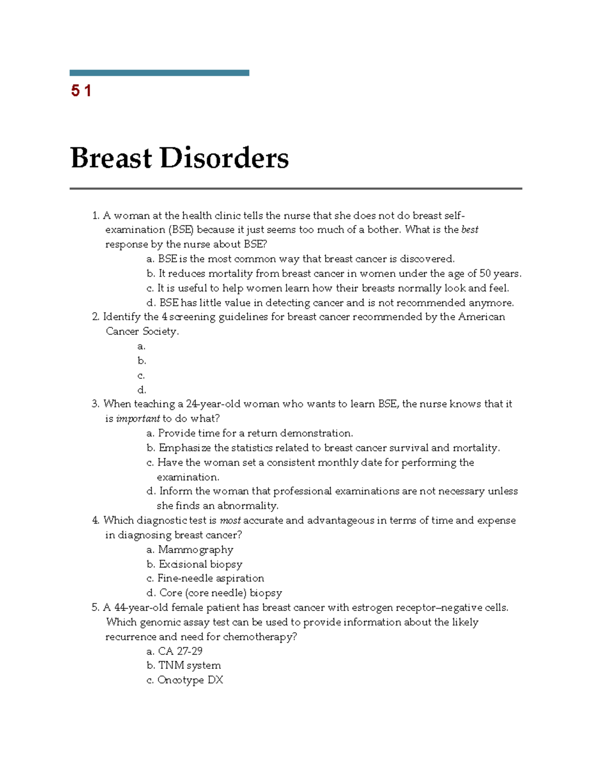 Breast Disorders Study Guide - 5 1 Breast Disorders A woman at the health clinic tells the nurse ...