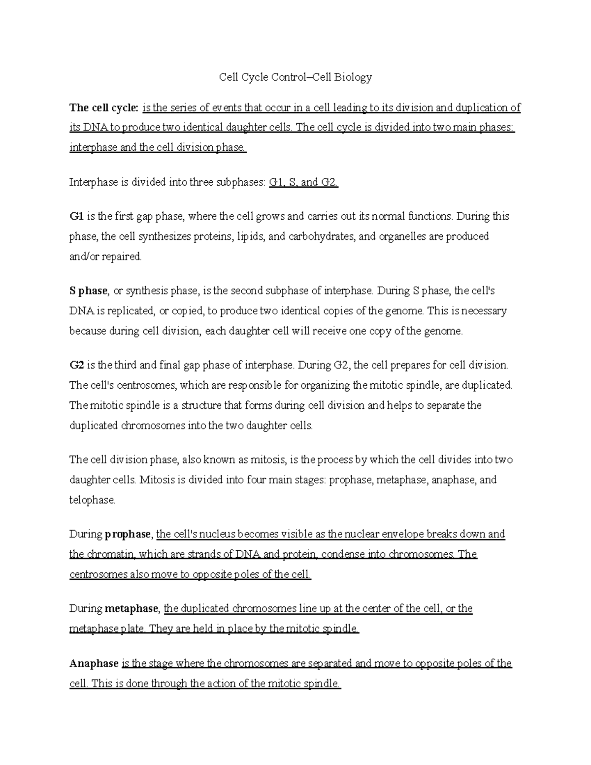 Cell Cycle Control - Cell Cycle Control–Cell Biology The cell cycle: is ...