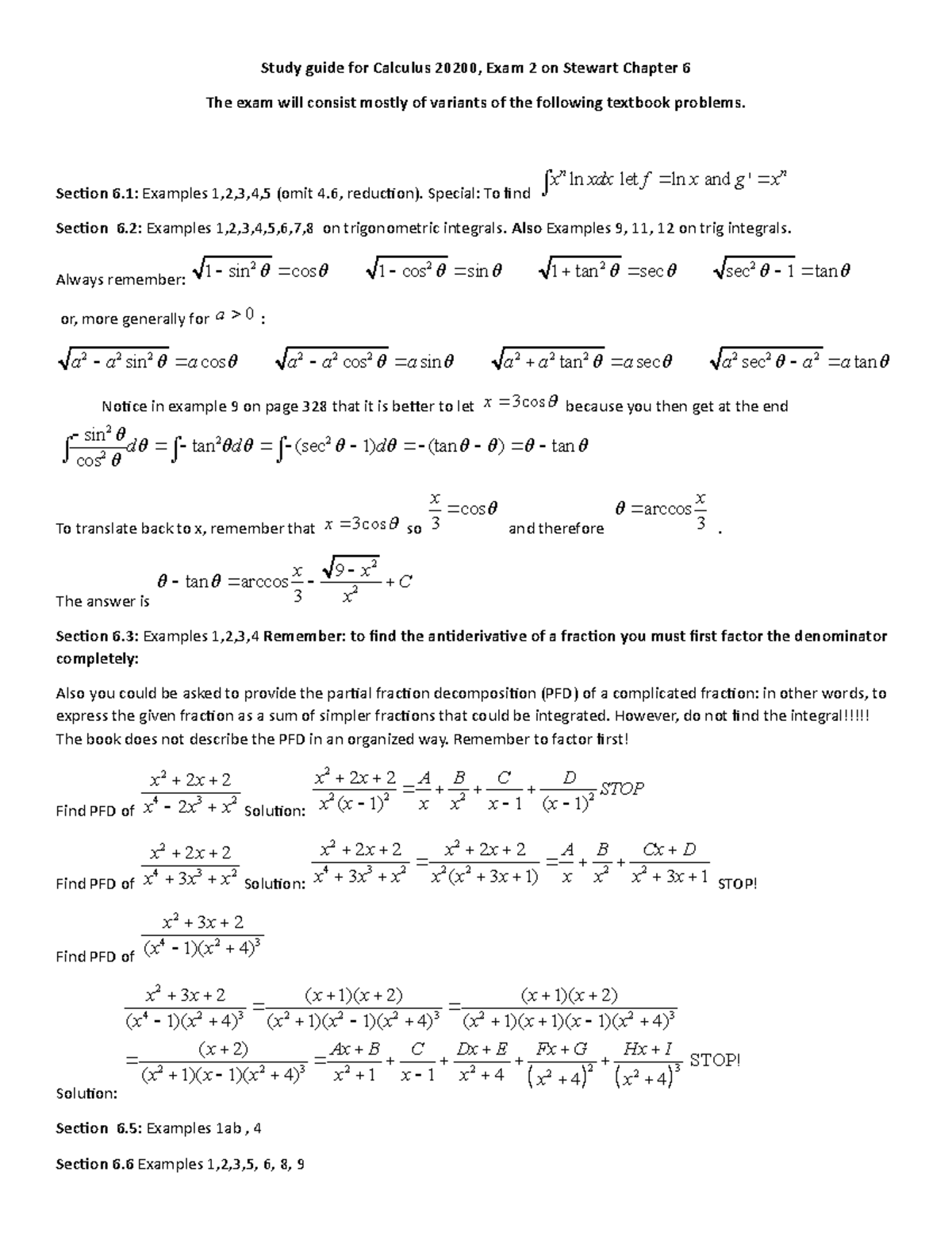F2017 202 Ex 2 Study Guide - Study guide for Calculus 20200, Exam 2 on ...