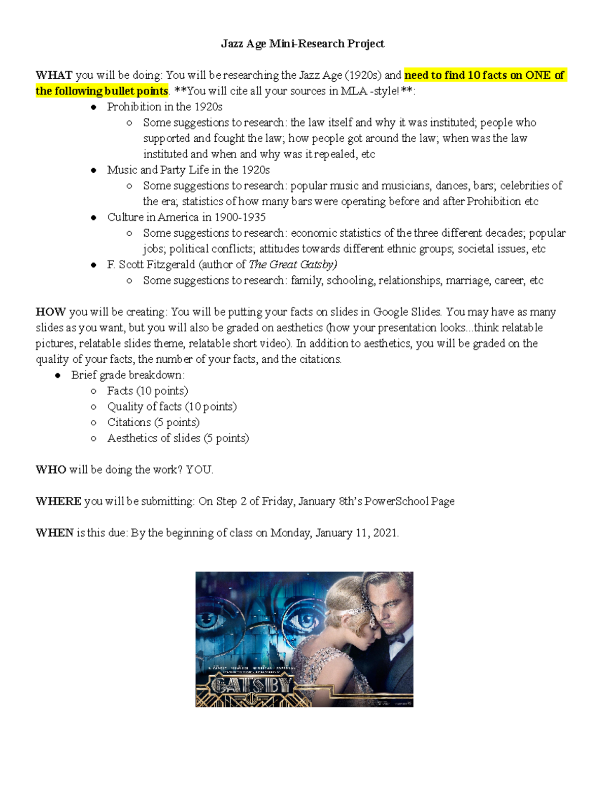 Gatsby Pre-Reading Jazz Age Mini Research Project - 2021 - Jazz Age ...