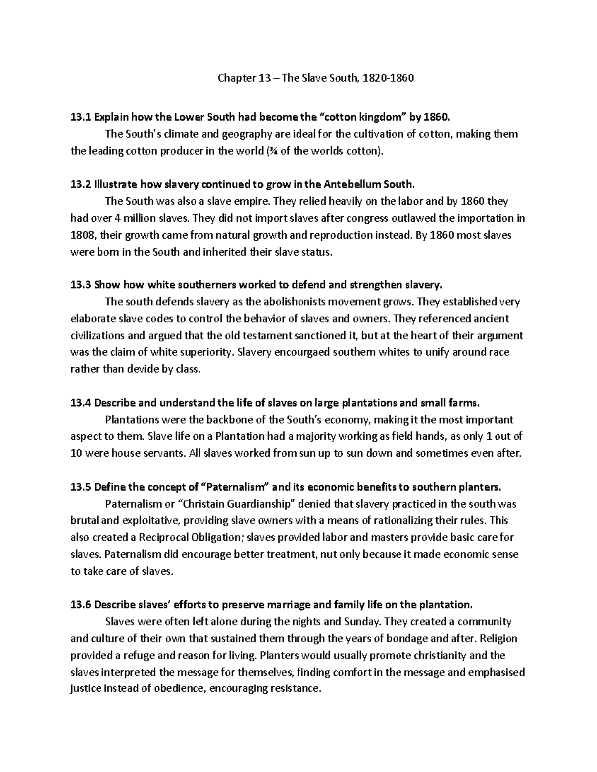 US History Exam Objectives - Chapter 13 – The Slave South, 1820- 13 ...