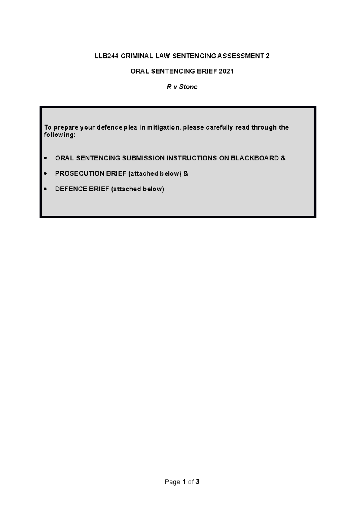 2021 oral sentencing brief-R v Stone - LLB244 CRIMINAL LAW SENTENCING ...