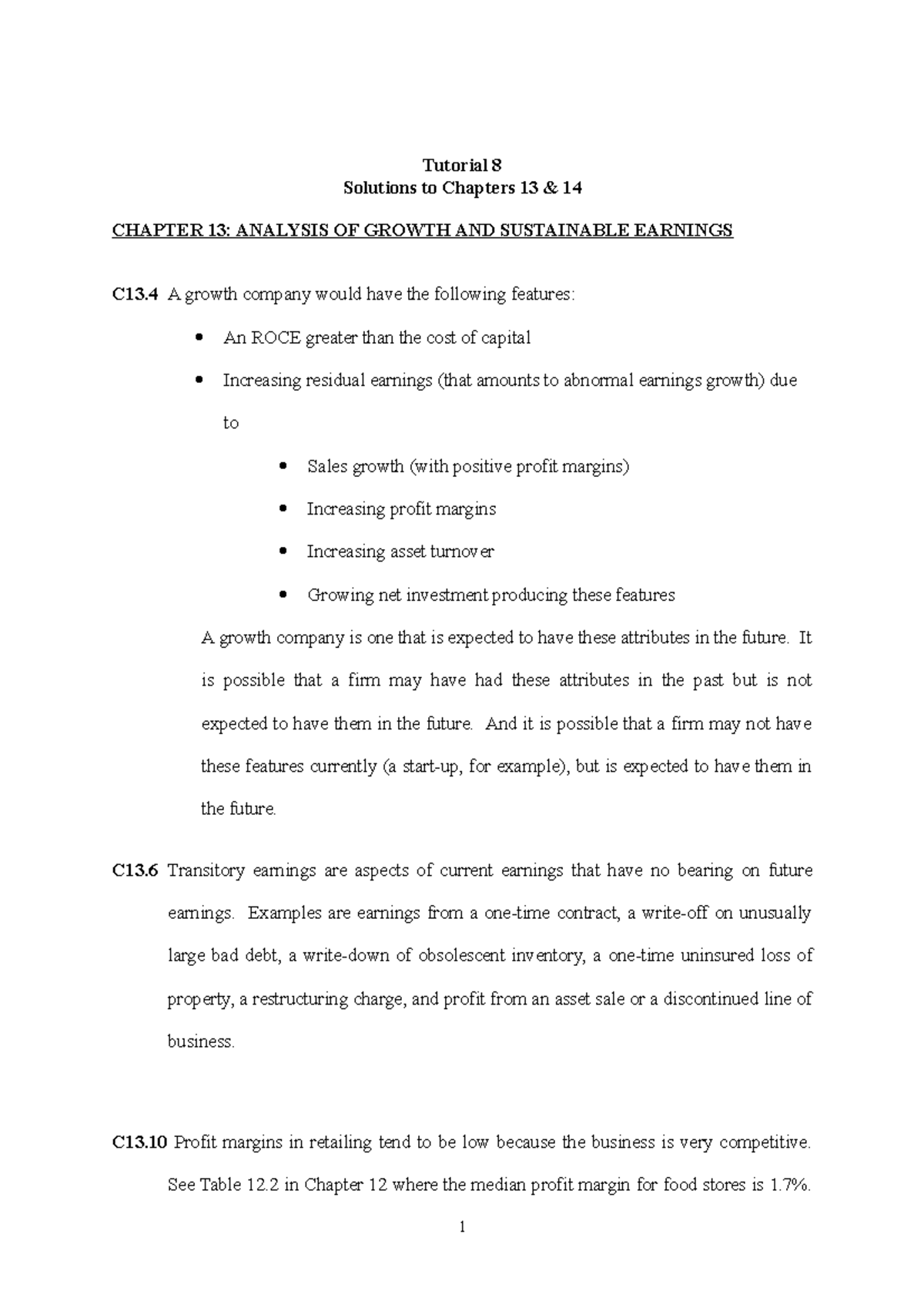 Solutions to Lecture 9 (Doc) - Tutorial 8 Solutions to Chapters 13 & 14 ...