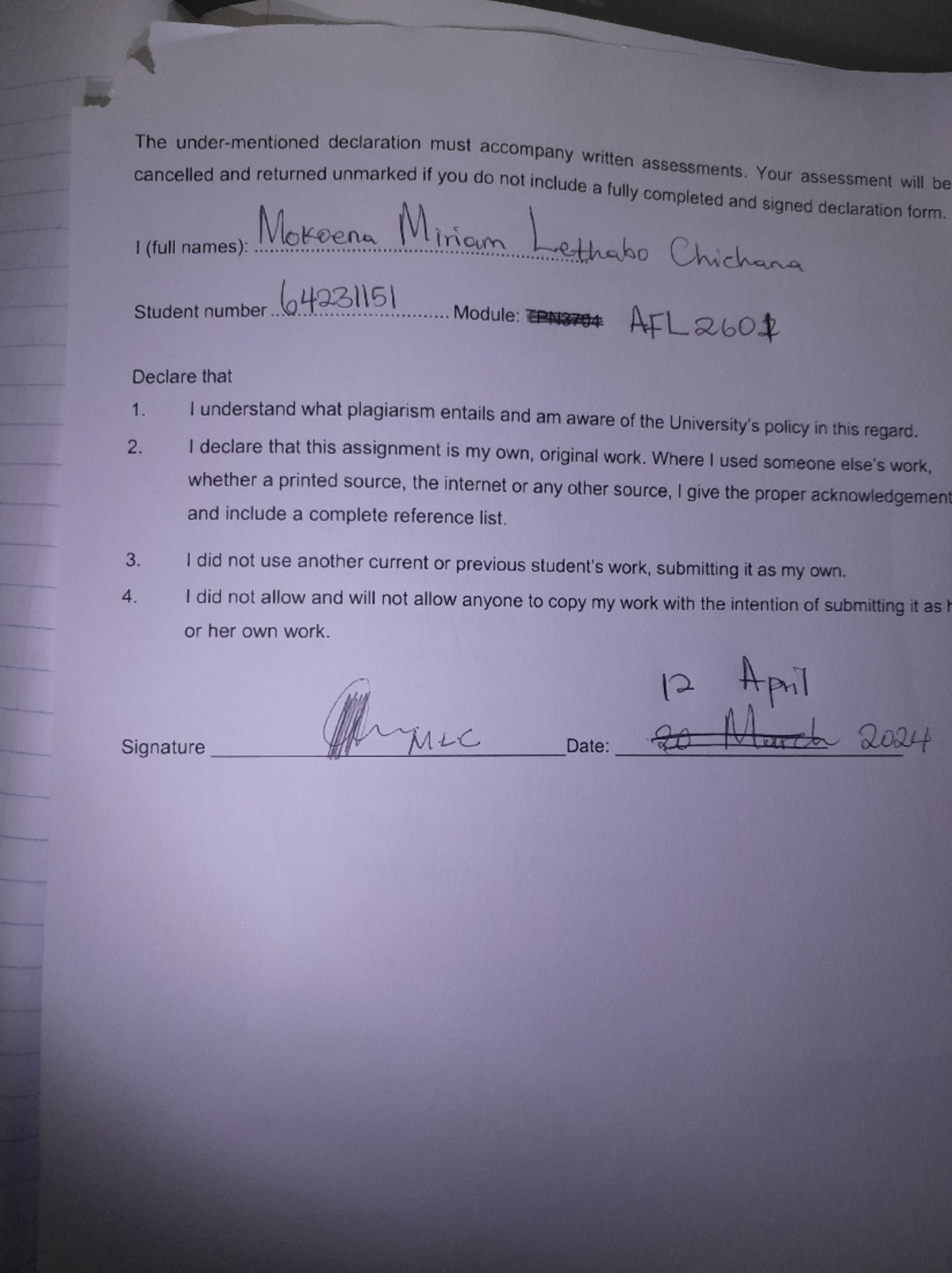 AFL1 - The under-mentioned declaration must accompany written cancelled ...