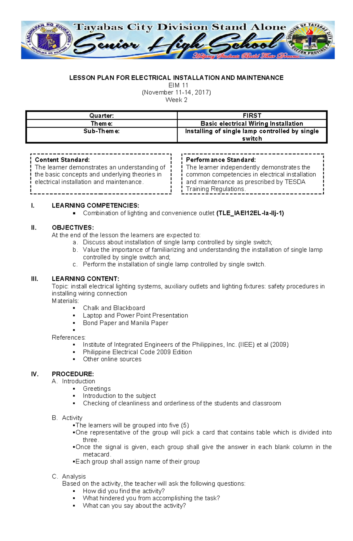 2. basic wiring installation lp combination wiring - LESSON PLAN FOR ...