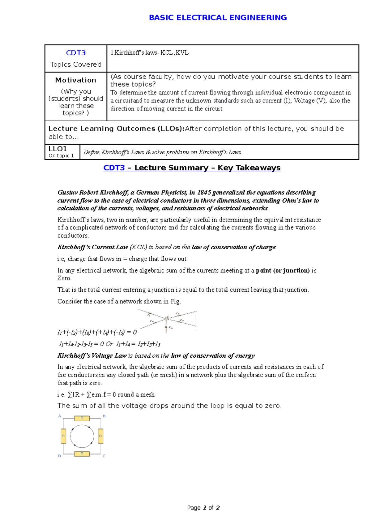 BEE CDT3 Summary - BASIC ELECTRICAL ENGINEERING CDT Topics Covered 1’s laws- KCL, KVL Motivation ...
