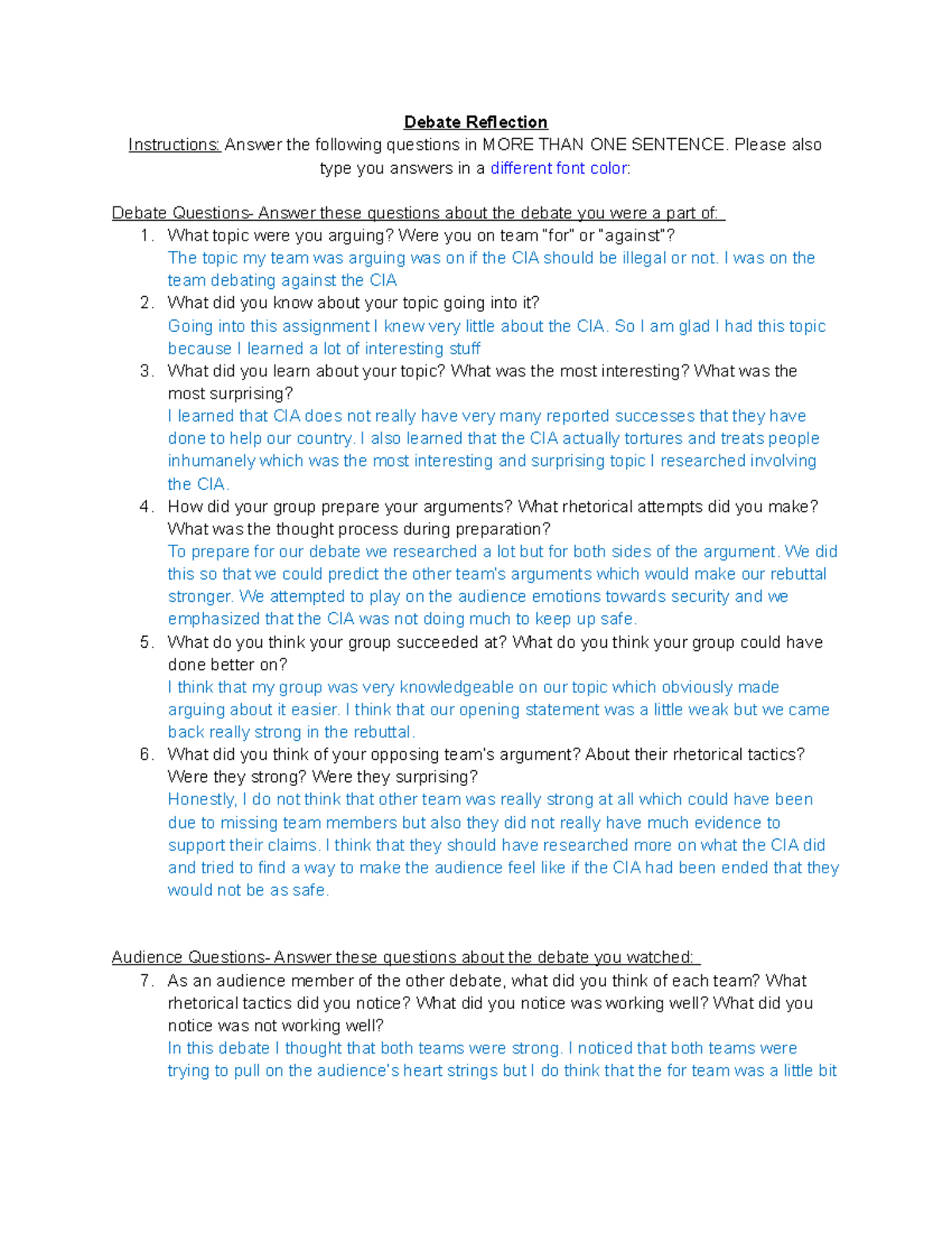 Debate Reflection CIA - Debate Reflection Instructions: Answer the ...