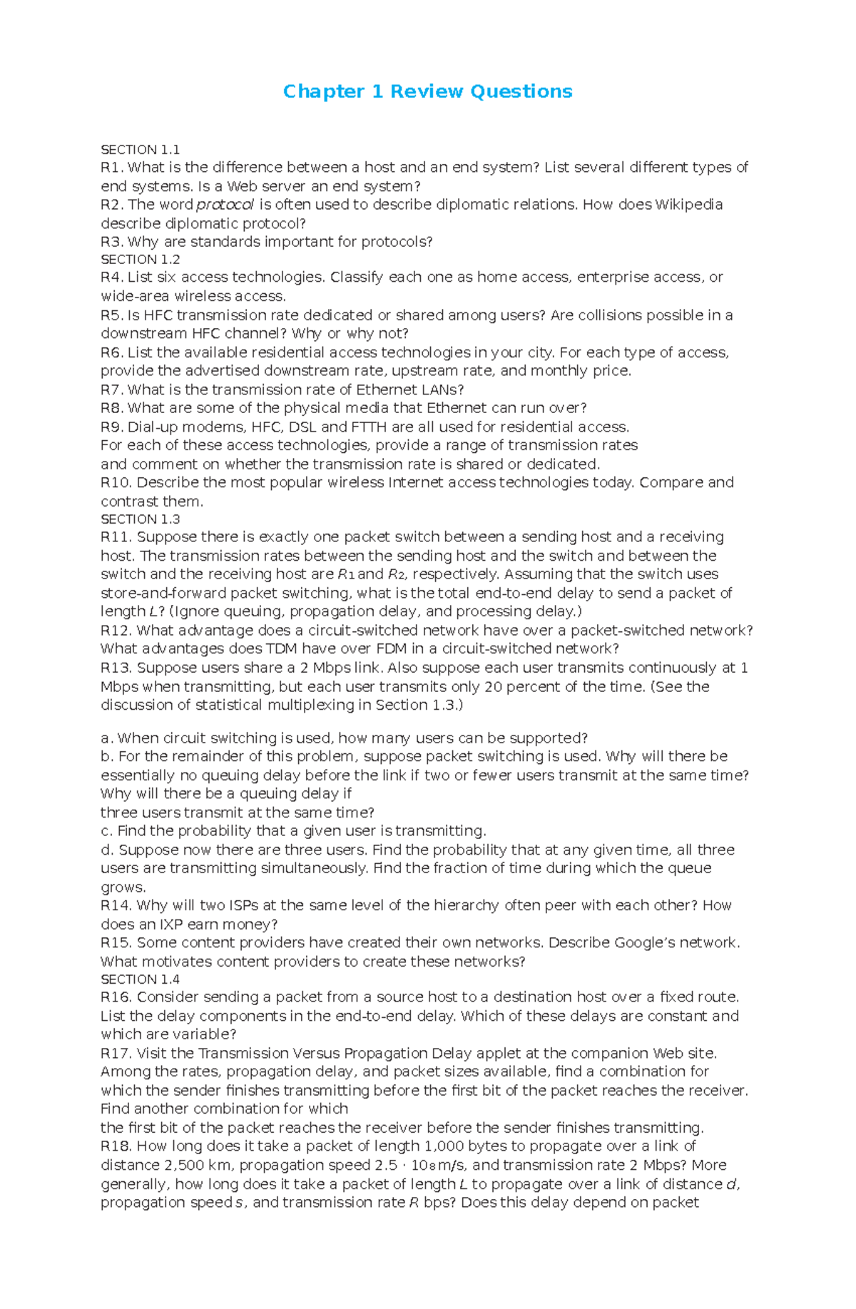 Nwtworking Top Down Approach Chapter 1 Review Questions SECTION 1 R1