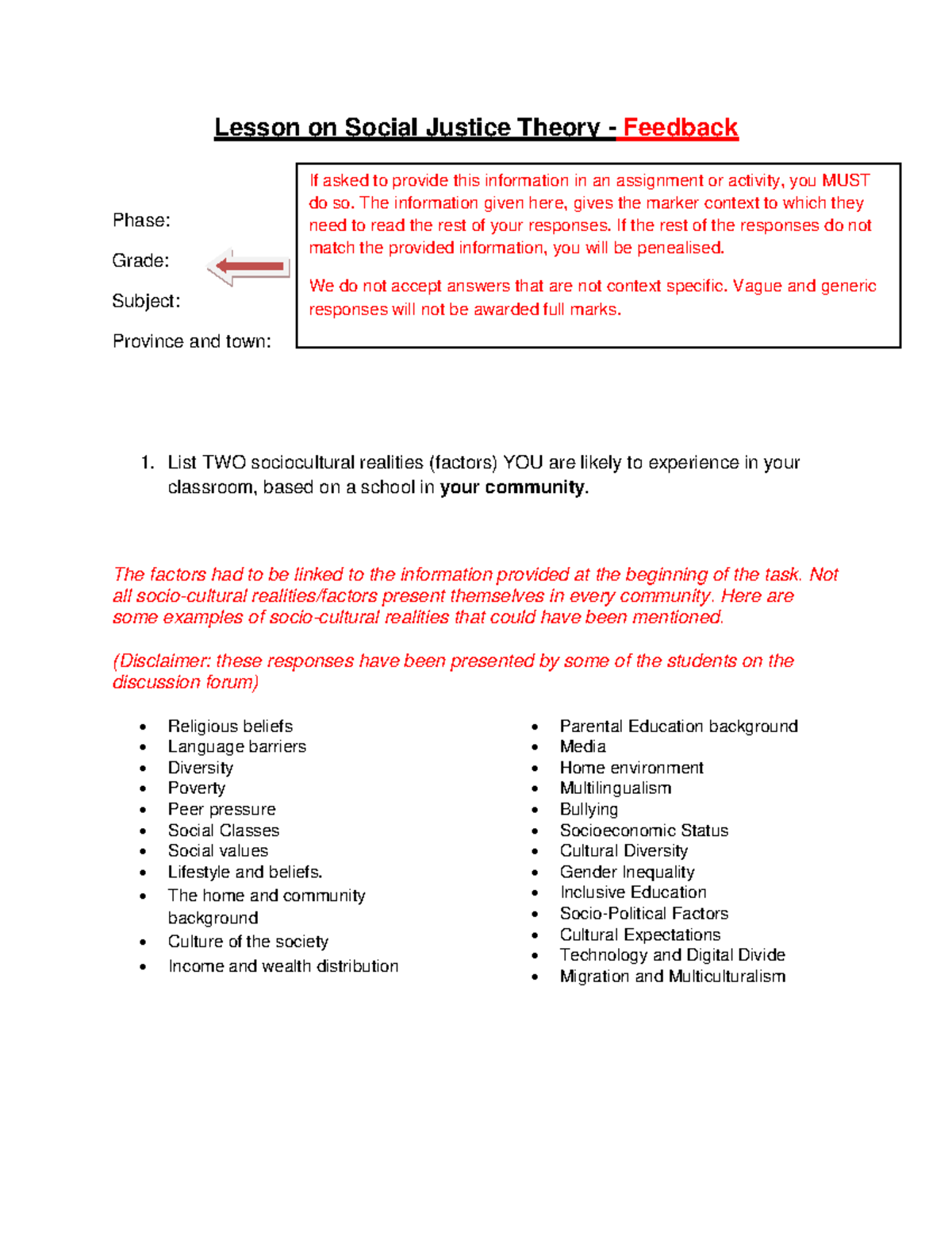 Activity on Social Justice Theory Feedback - Lesson on Social Justice ...