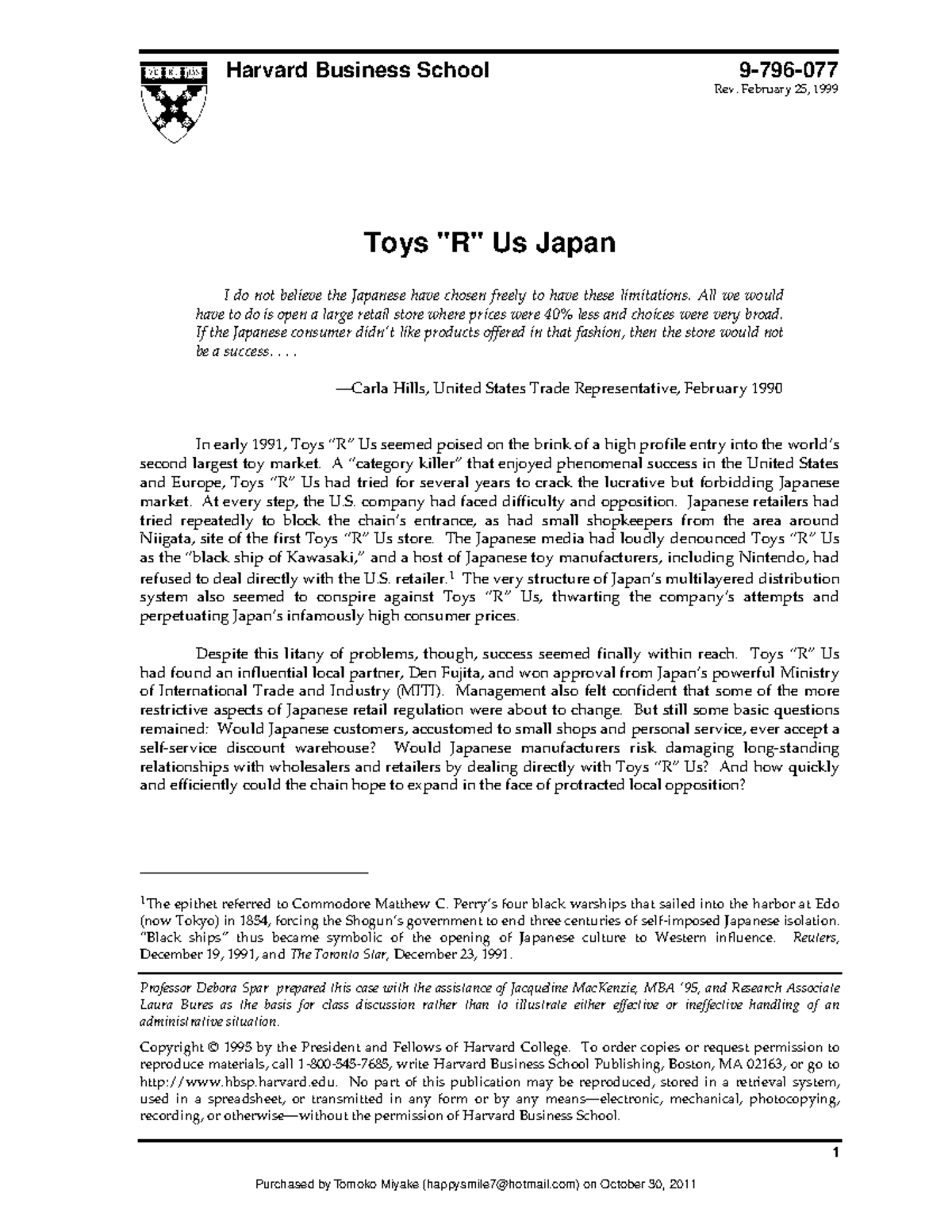 Toys R Us Japan - Case Study - Harvard Business School 9-796- Rev ...