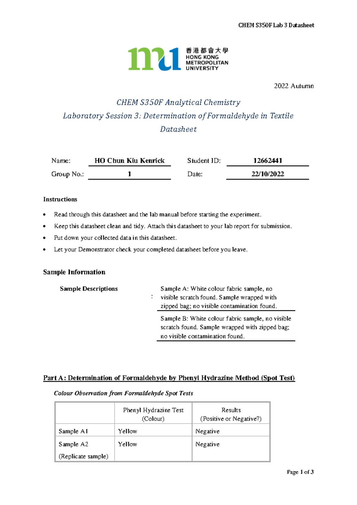 CHEM S350F Lab 3 Datasheet - : 1 Date: 22/10/ Instructions • Read ...