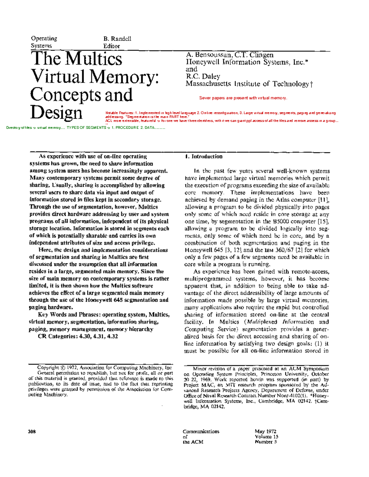 Virtual memory, process Paper - Operating B. Randell Systems Editor 3'he Multics Virtual Memory ...
