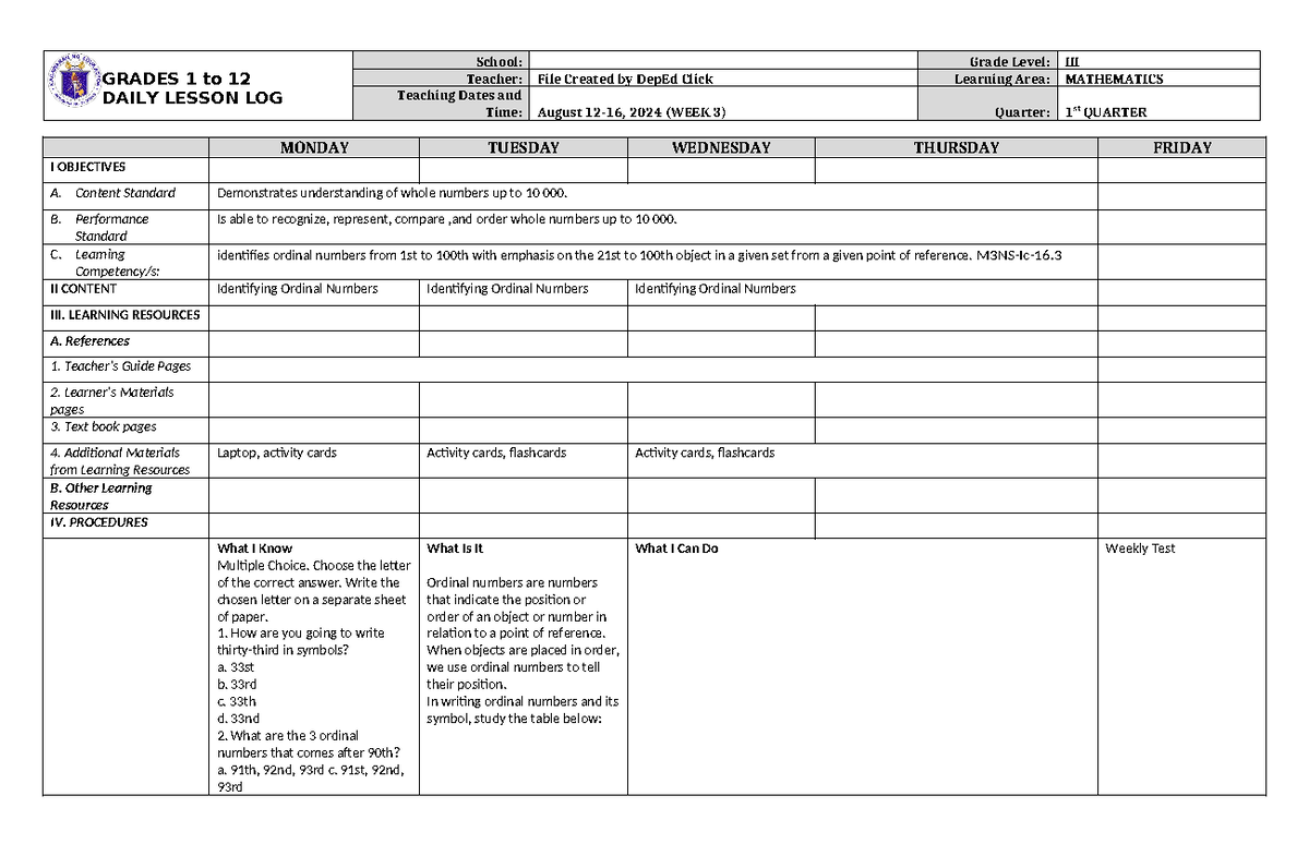 DLL Mathematics 3 Q1 W3 - Hisnsbnn - GRADES 1 to 12 DAILY LESSON LOG ...