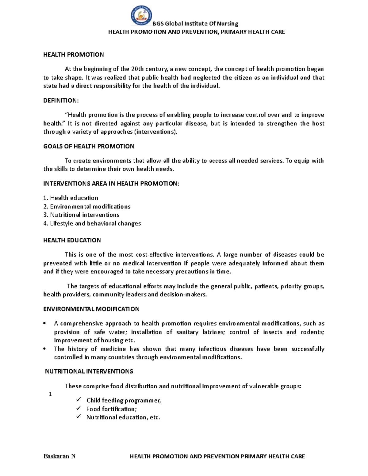 Health Promotion Prevention Primary Care - 1 HEALTH PROMOTION AND ...